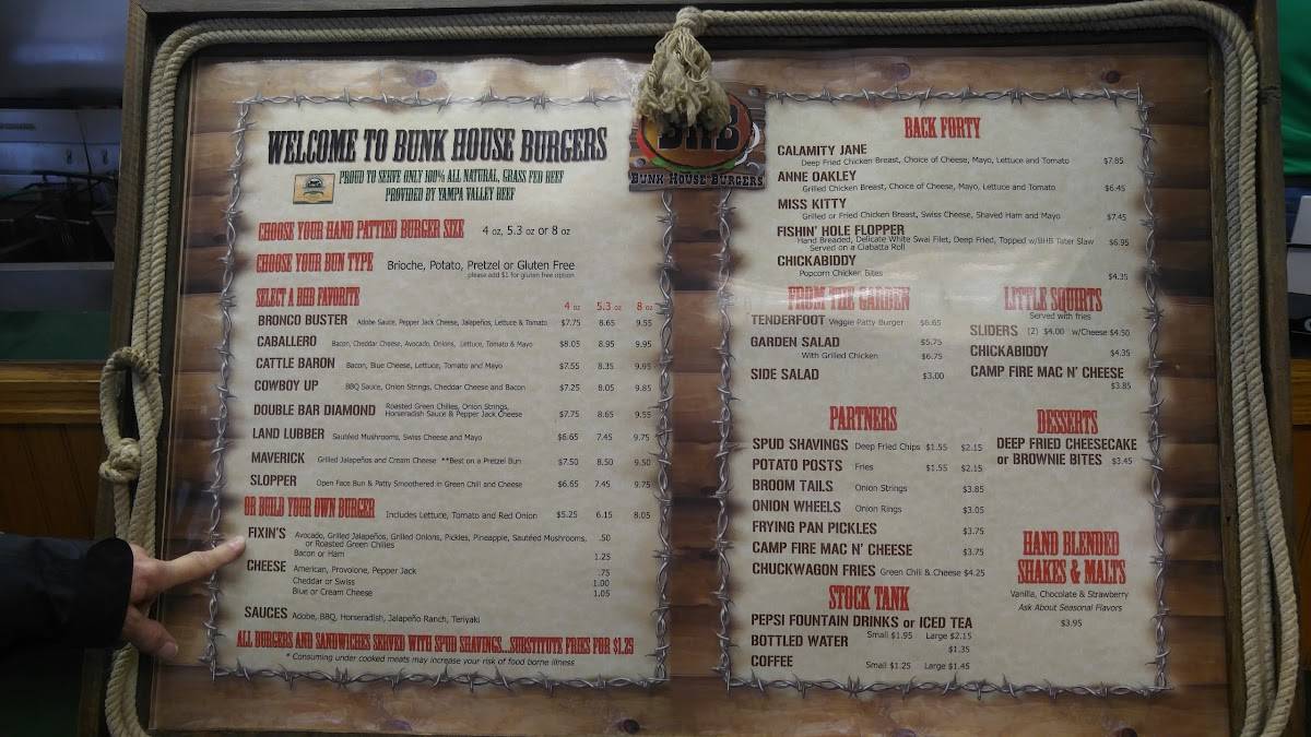 Menu at Bunk House Burgers restaurant, Cañon City