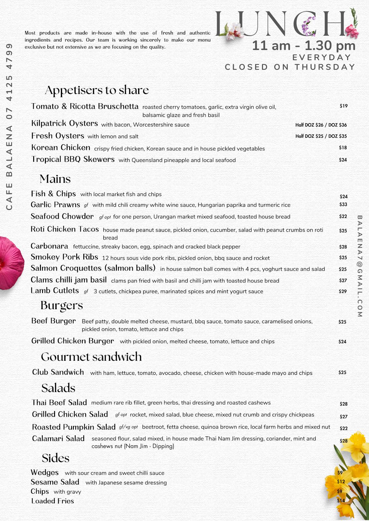 Menu at Cafe Balaena, Urangan