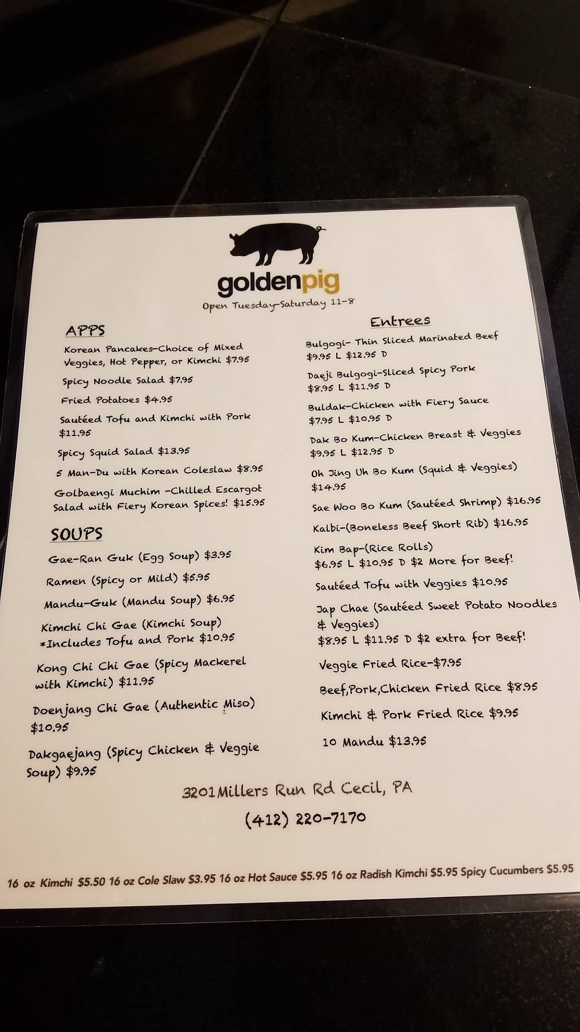 Menu at Golden Pig restaurant, Cecil-Bishop