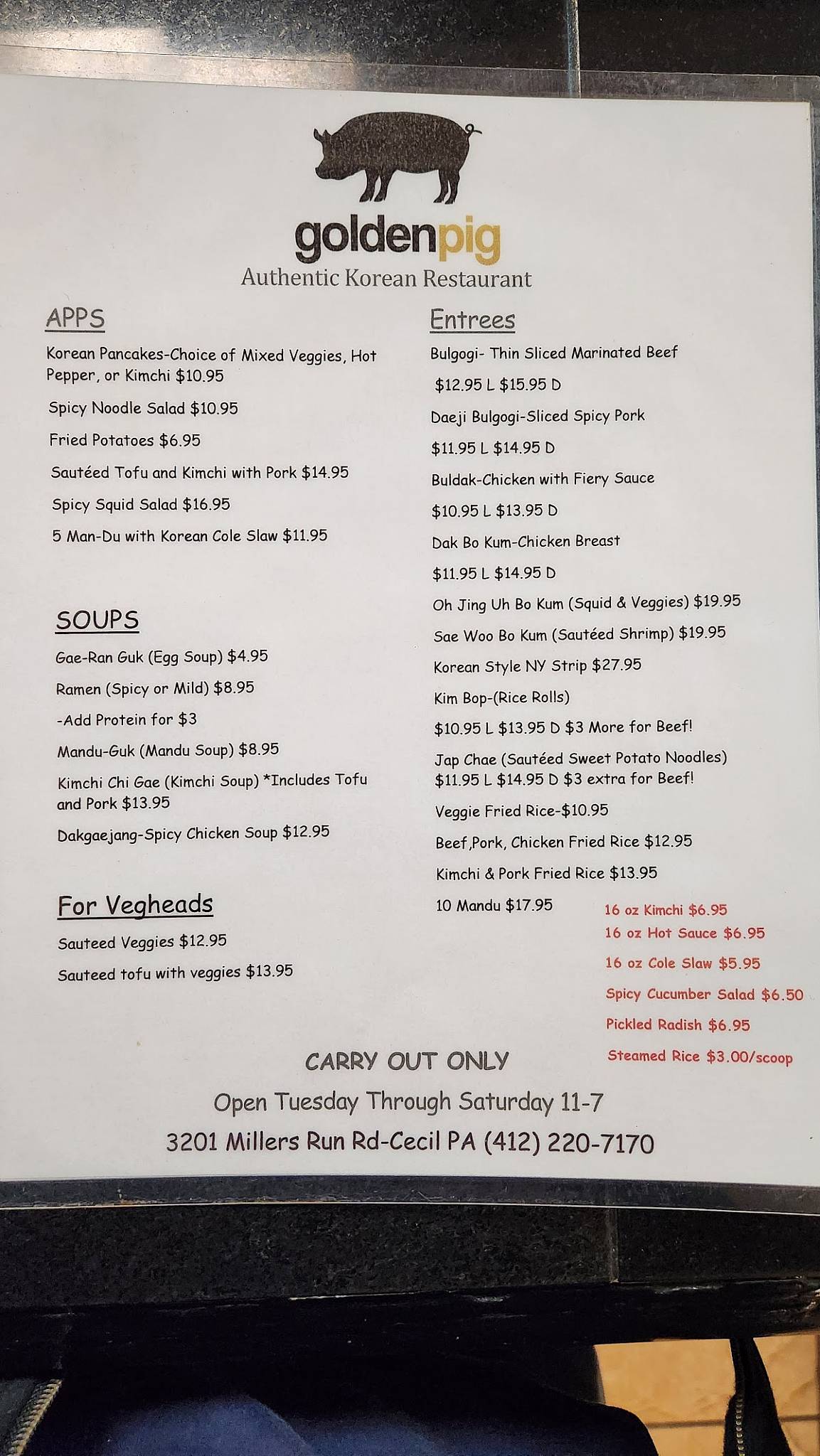 Menu at Golden Pig restaurant, Cecil-Bishop