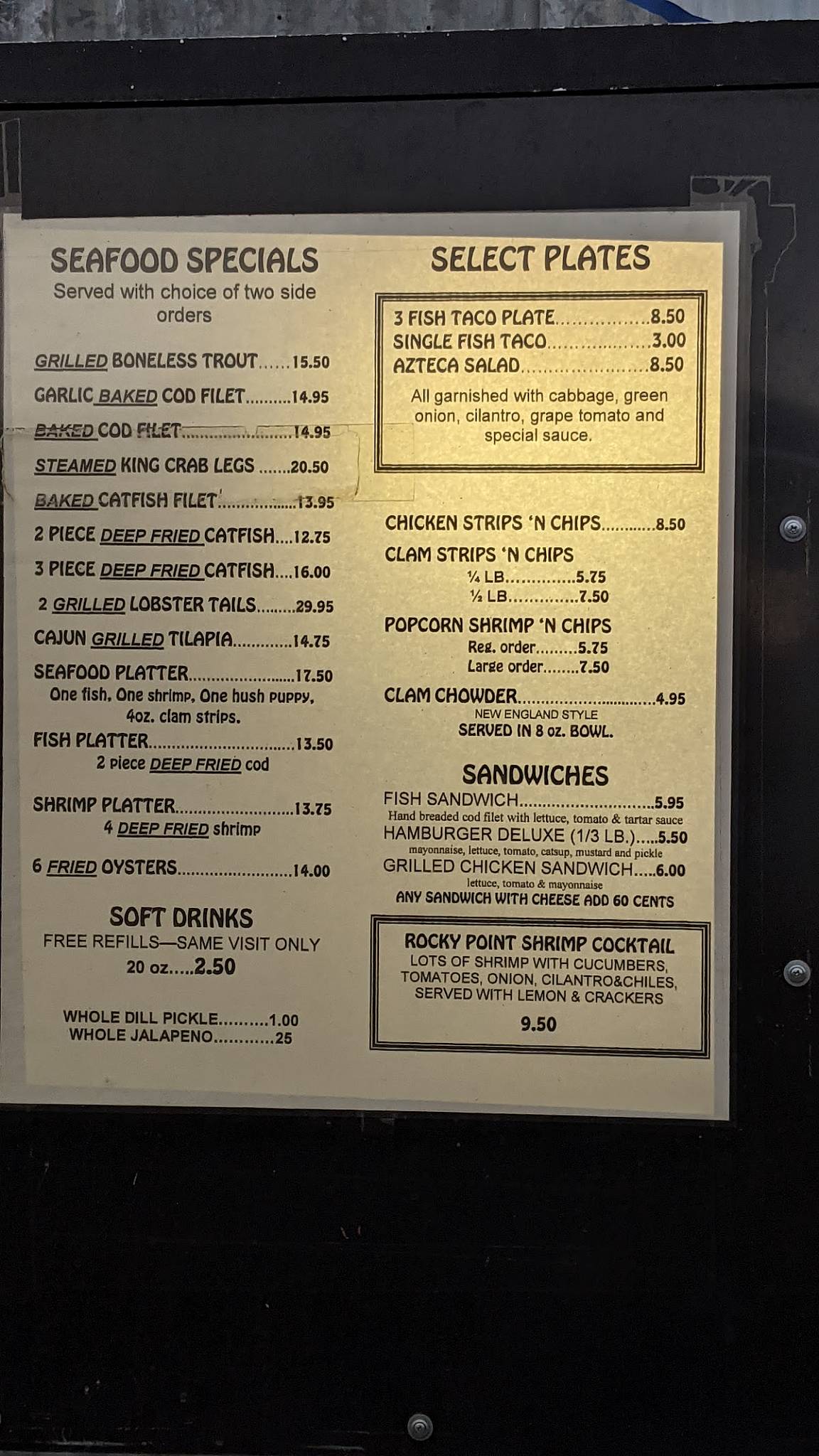 Menu at Knock Kneed Lobster restaurant, Phoenix