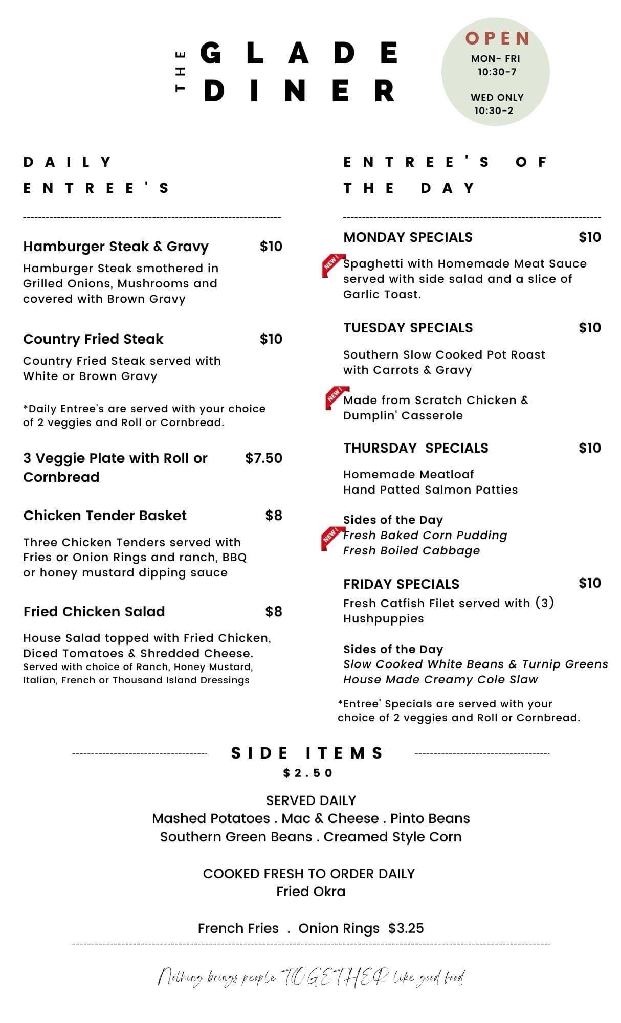 Menu at The Glade Diner restaurant, Mount Juliet