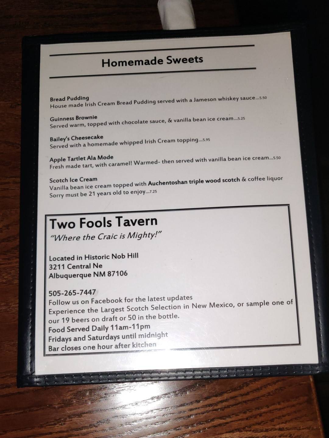 Menu at Two Fools Tavern pub & bar, Albuquerque