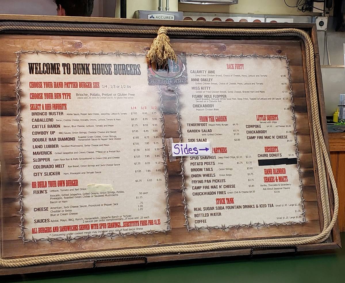 Menu at Bunk House Burgers restaurant, Cañon City