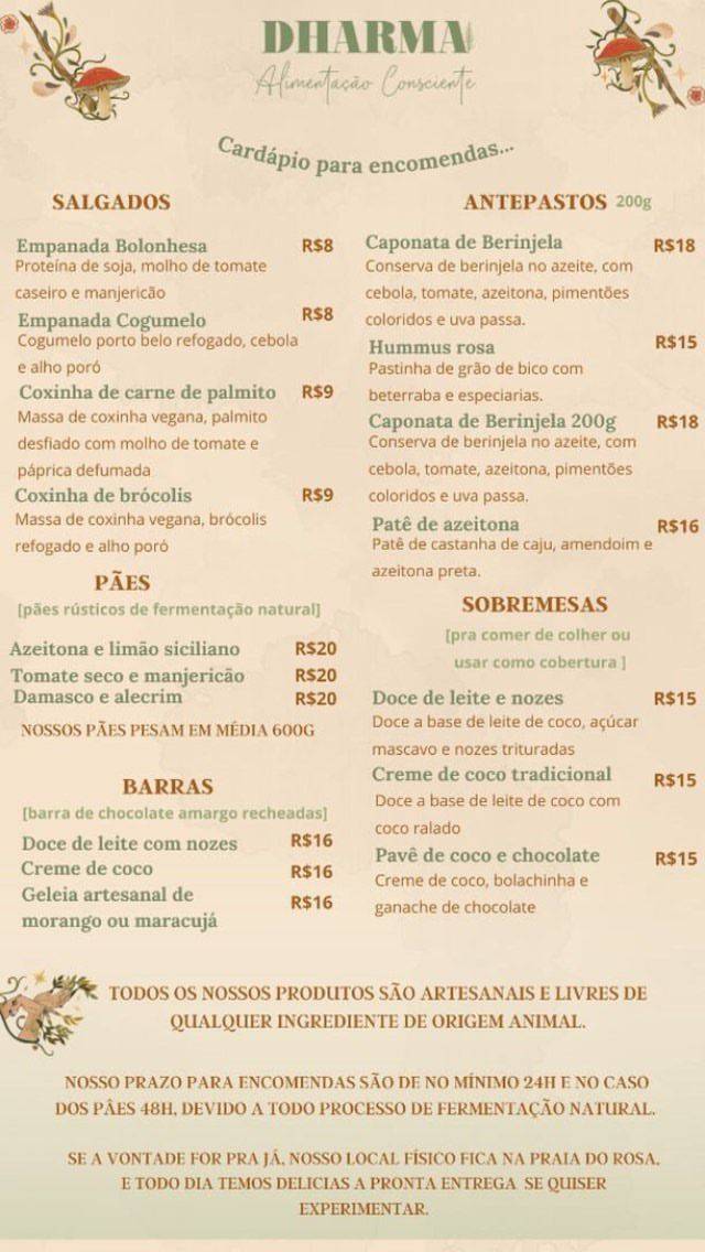Menu at Dharma Alimentação Consciente restaurant, Imbituba