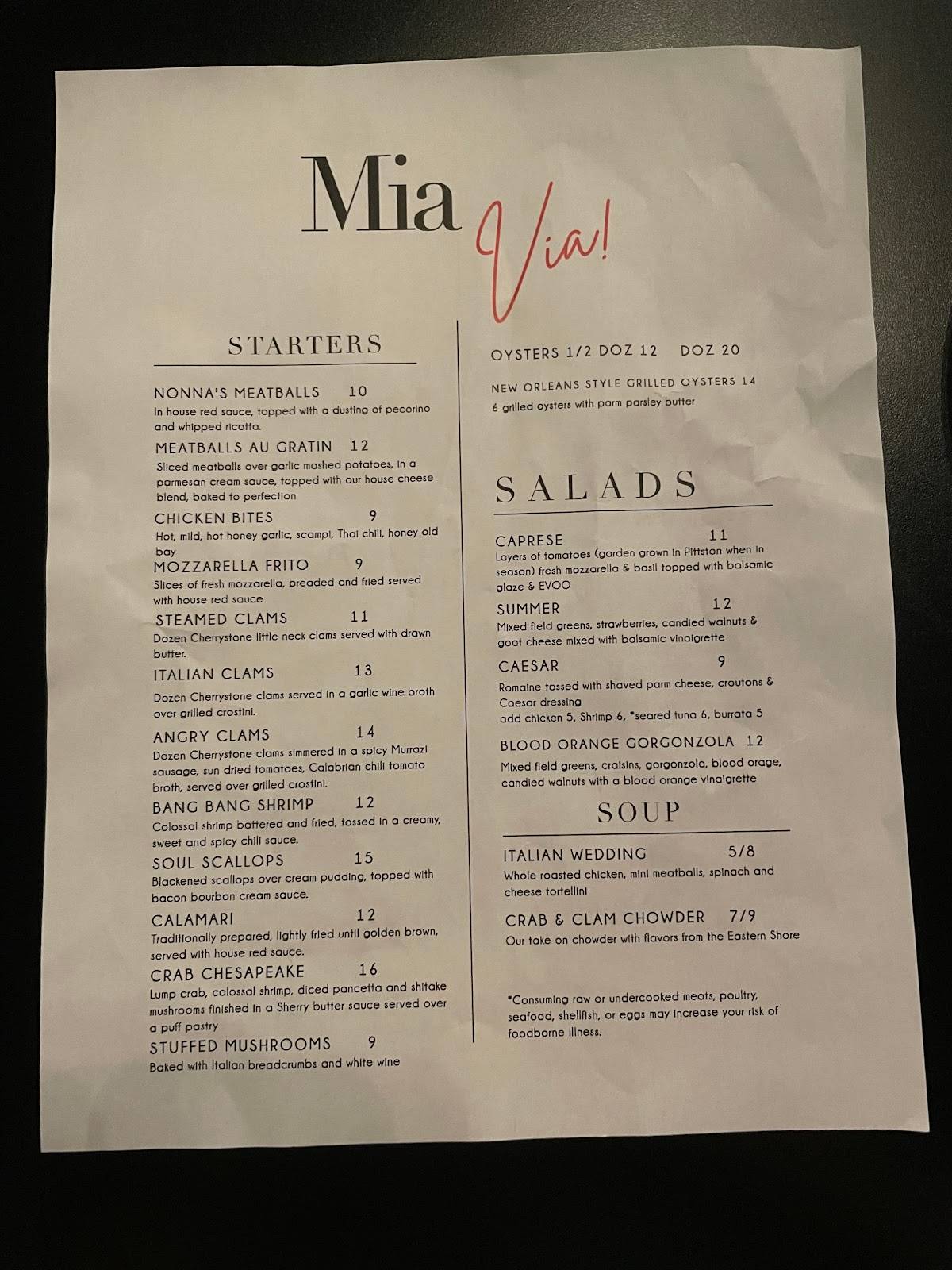Menu at Mia Via Restaurant & Bar, Luzerne