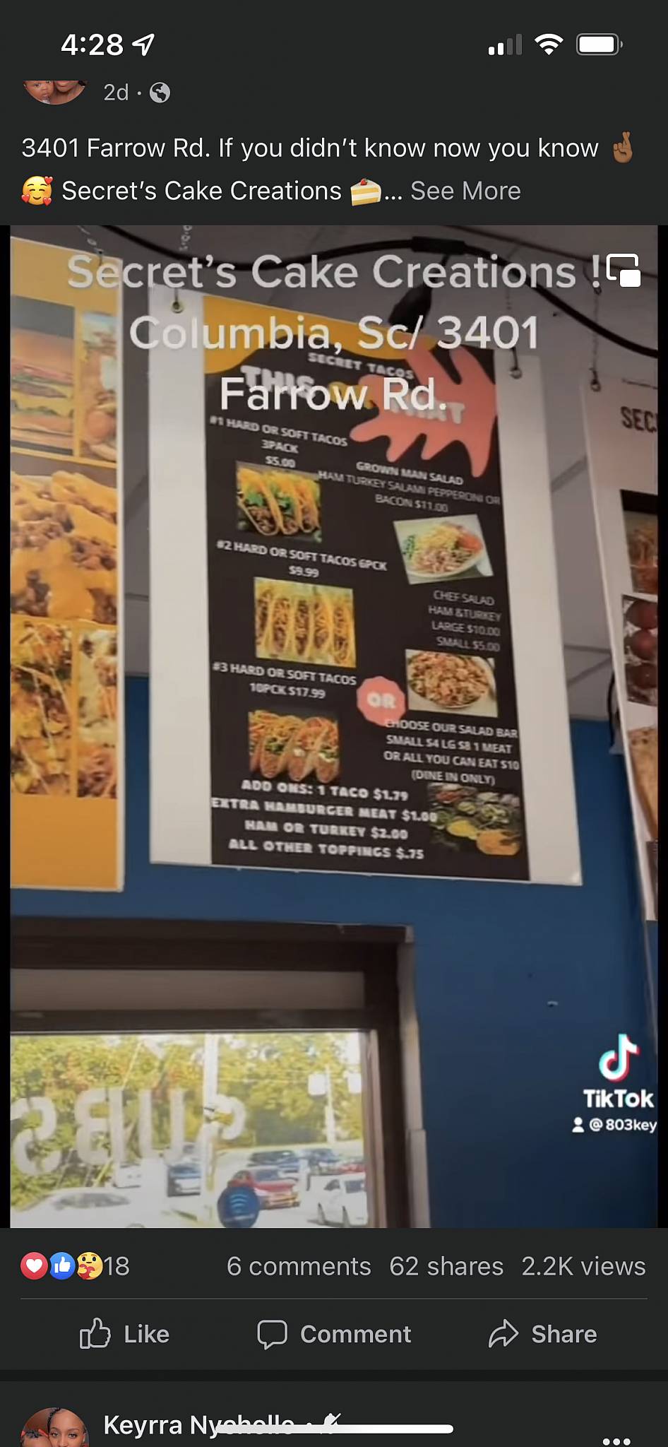 Menu at Secret’s Cake Creations, Columbia
