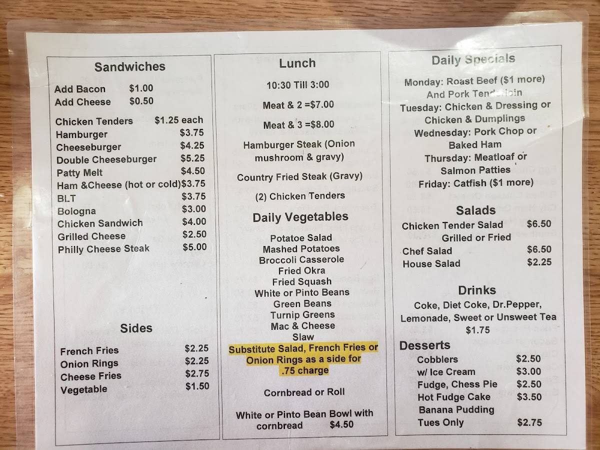 Menu at The Glade Diner restaurant, Mount Juliet
