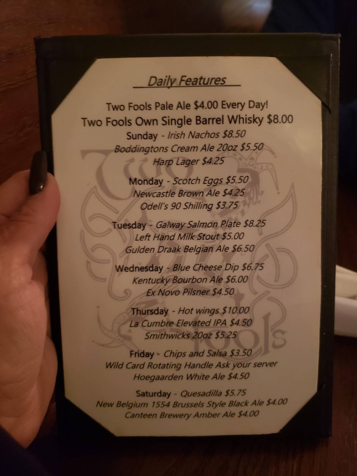Menu at Two Fools Tavern pub & bar, Albuquerque