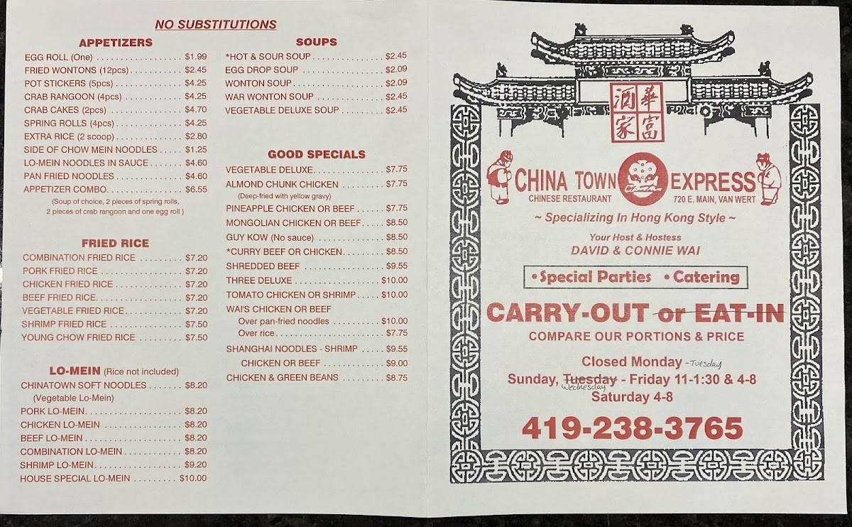 Menu at China Town Express restaurant, Van Wert
