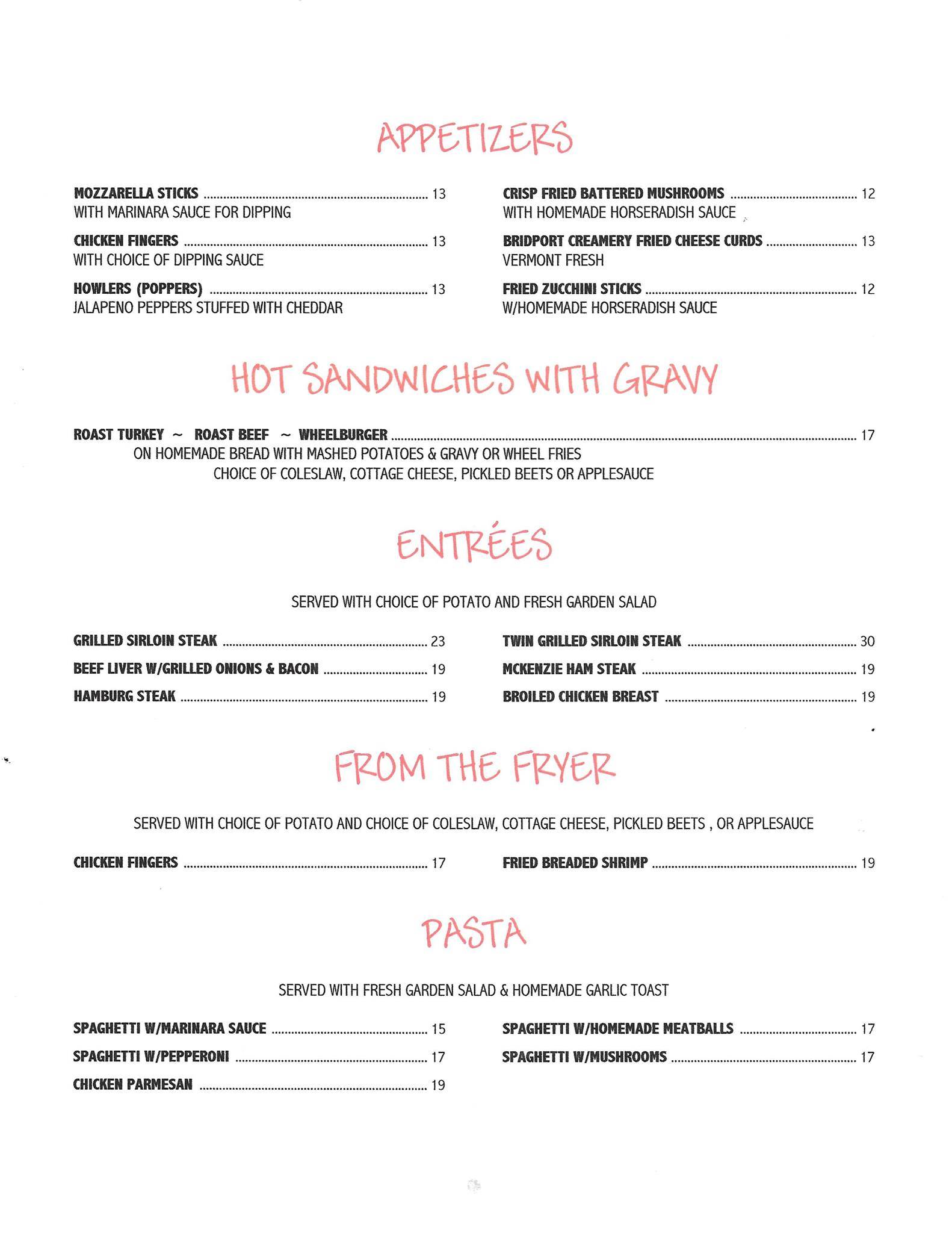 Menu at Wheel Inn restaurant, Benson