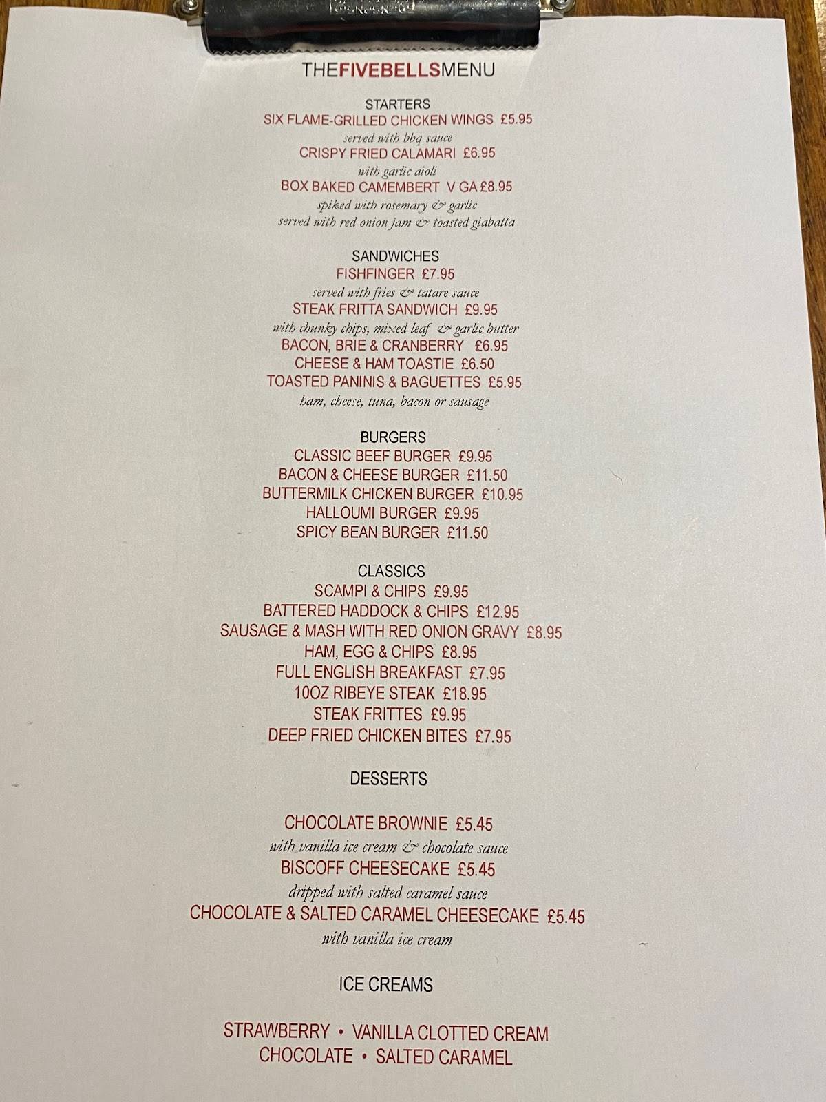 Menu at Five Bells - Colne Engaine pub & bar, Earls Colne