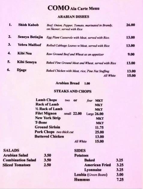 Menu at House of Como steakhouse, Evansville
