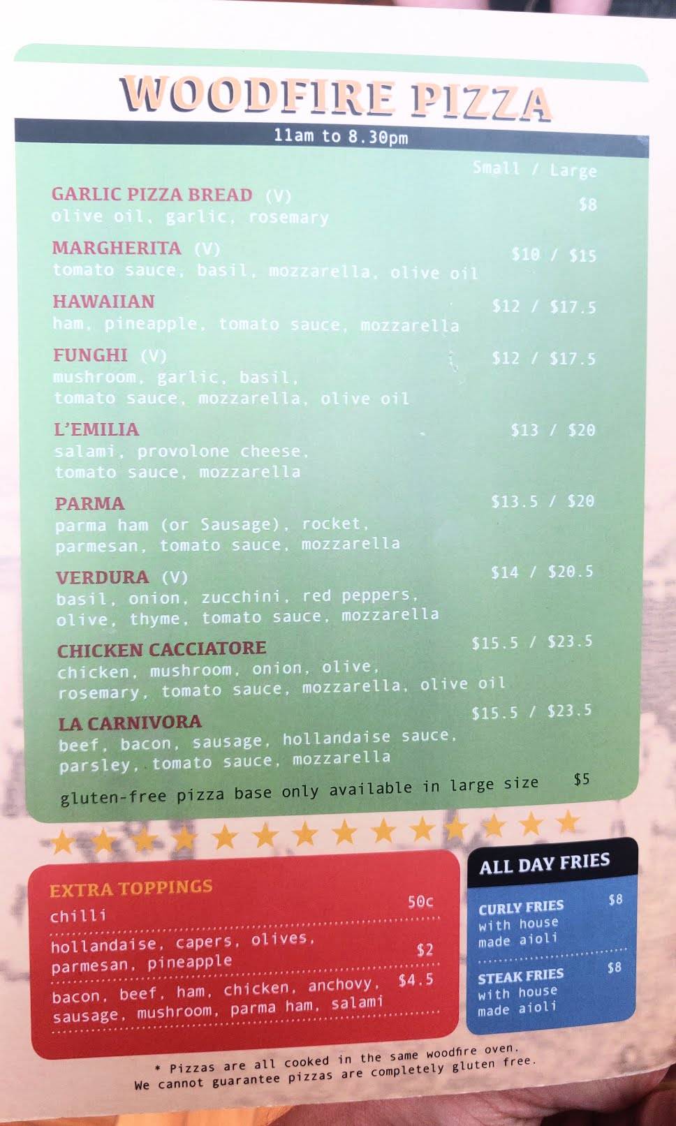 Menu at Days Bay Pavilion pizzeria, Lower Hutt
