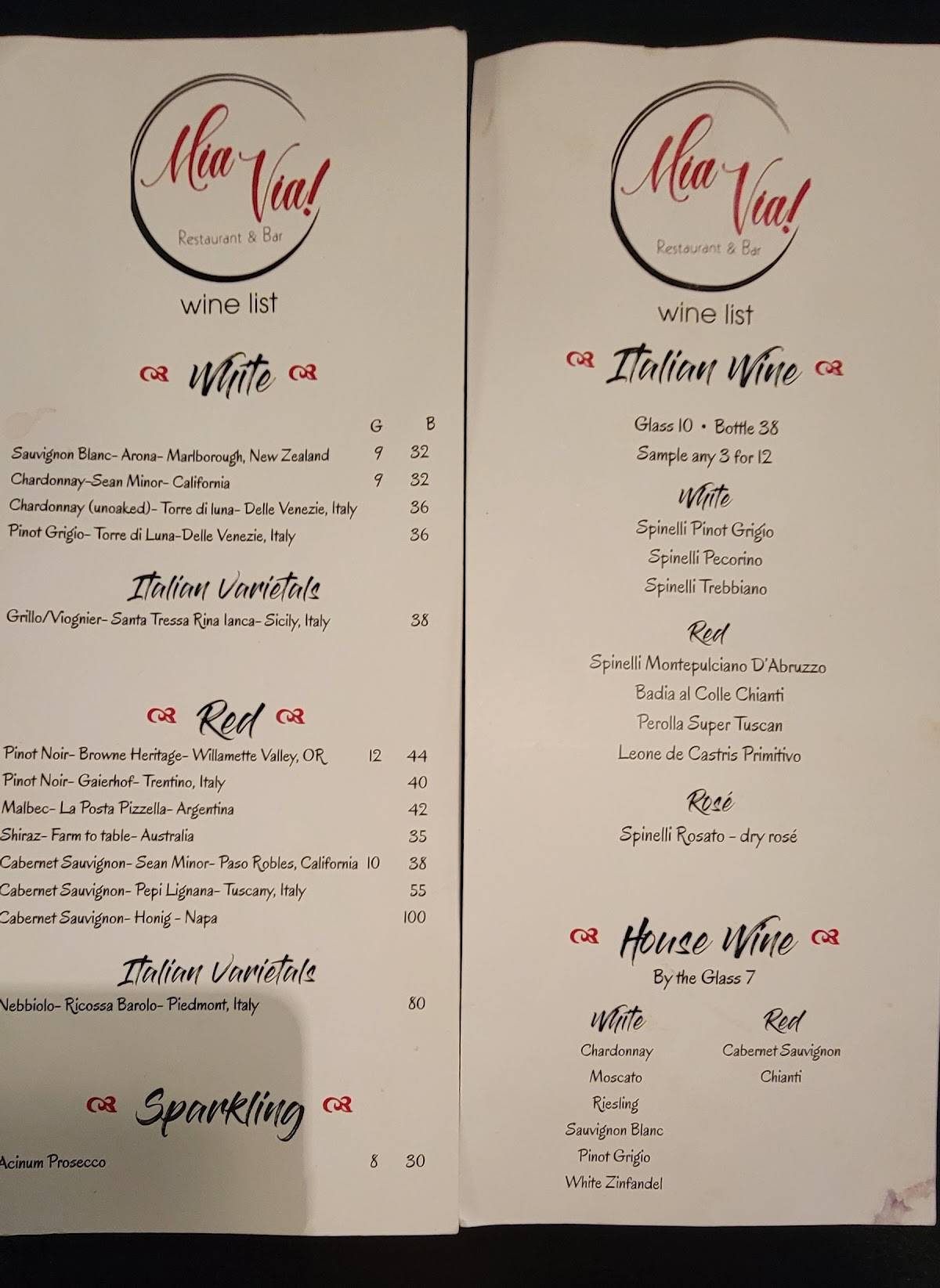 Menu at Mia Via Restaurant & Bar, Luzerne
