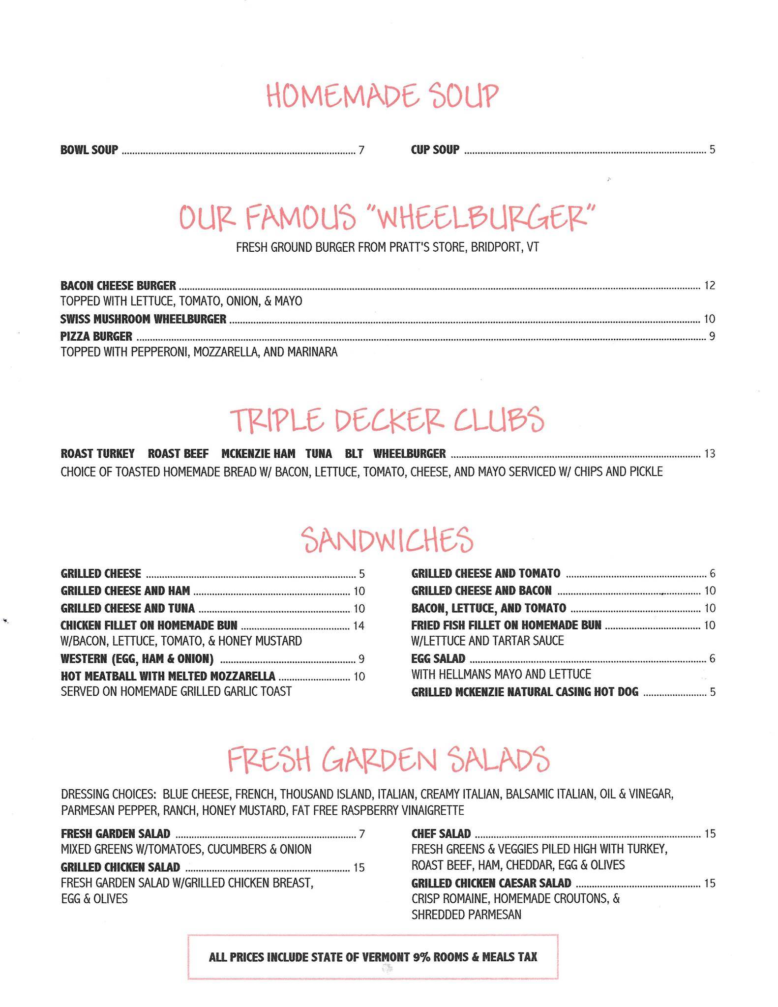 Menu at Wheel Inn restaurant, Benson