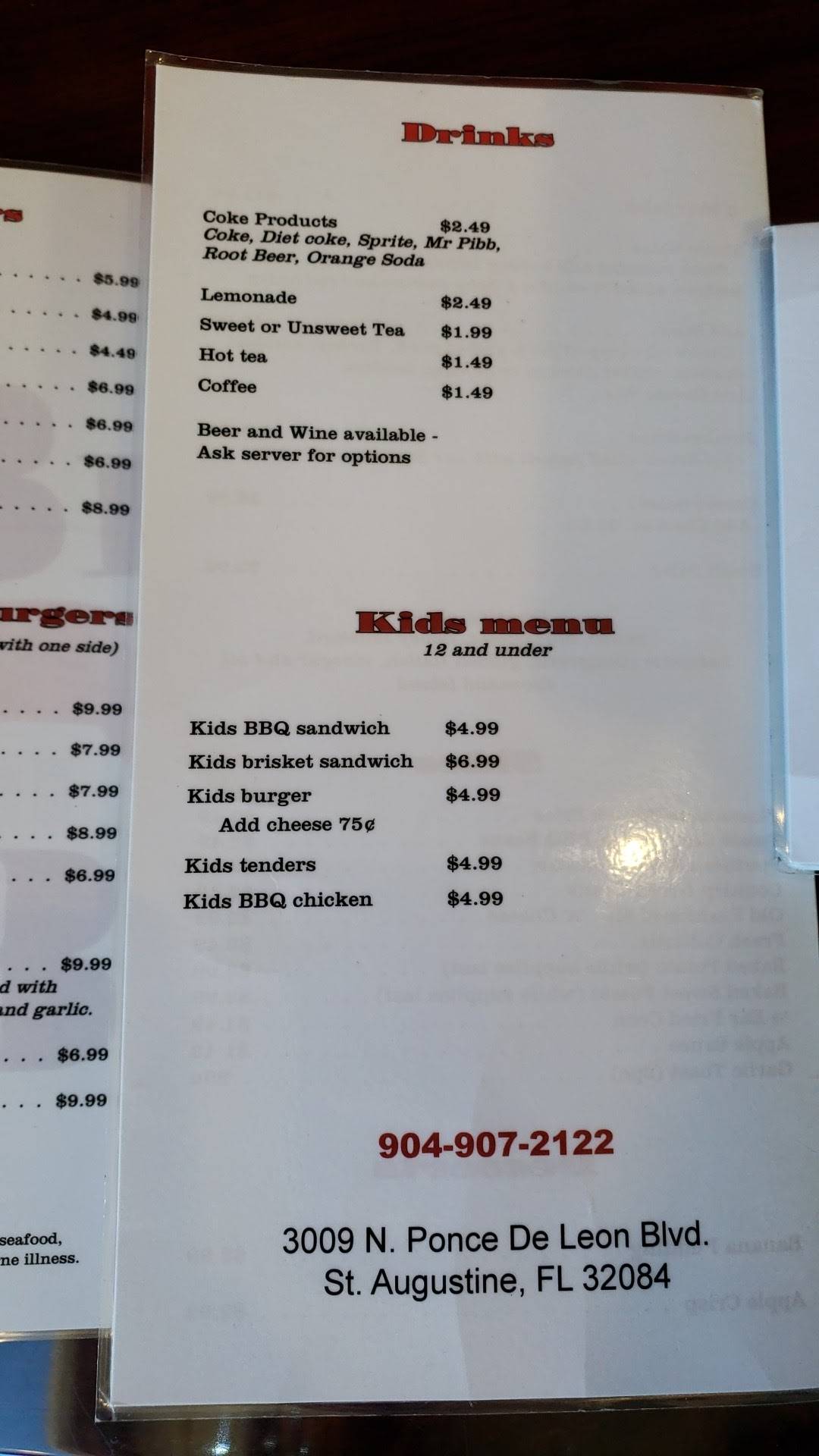 Menu at Brisky's BBQ, St. Augustine