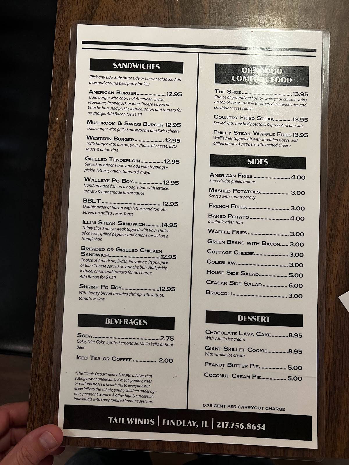 Menu at Tailwinds Steakhouse, Findlay, 200 E South 2nd St