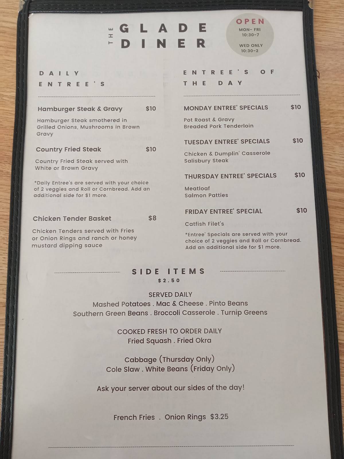 Menu at The Glade Diner restaurant, Mount Juliet