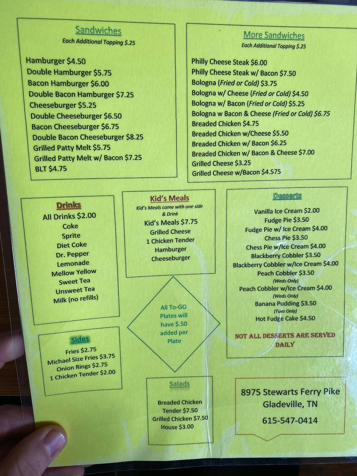 Menu at The Glade Diner restaurant, Mount Juliet