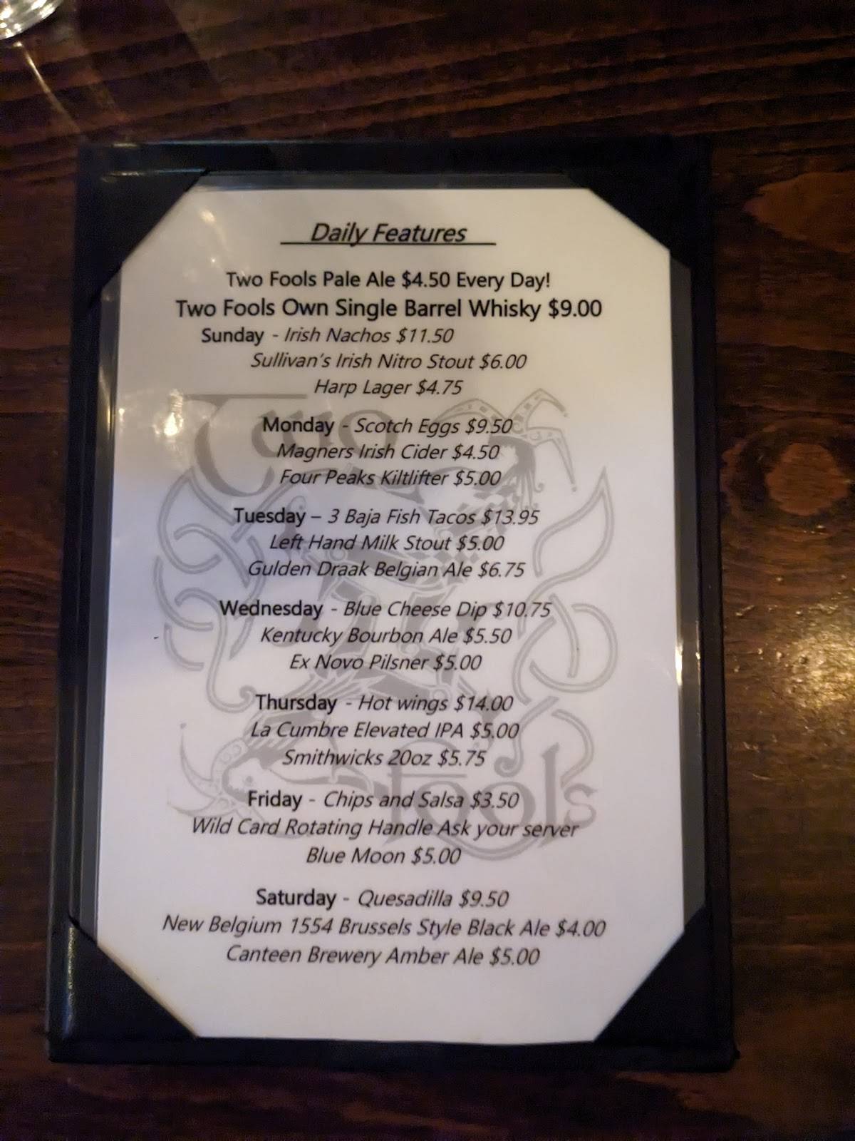 Menu at Two Fools Tavern pub & bar, Albuquerque