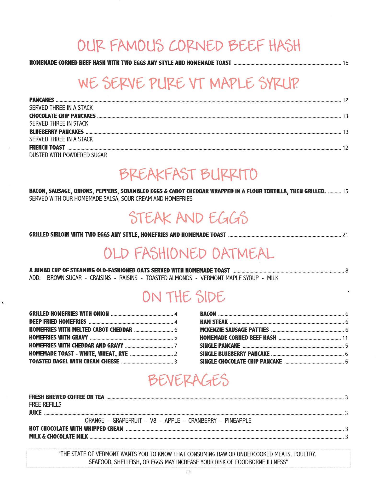 Menu at Wheel Inn restaurant, Benson