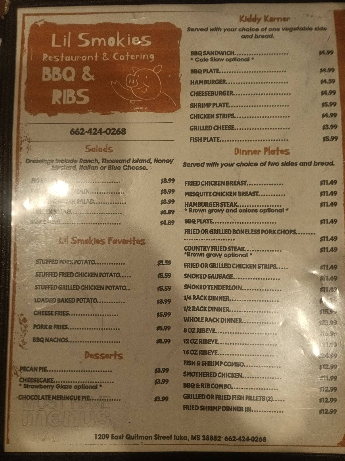 Menu at Lil Smokies BBQ, Iuka