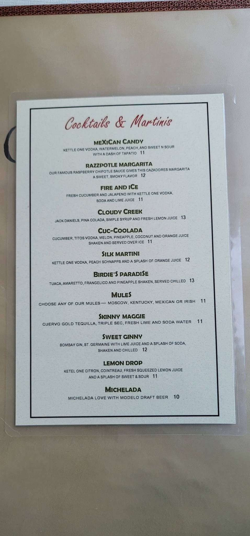 Menu at Cedar Creek Inn steakhouse, Brea