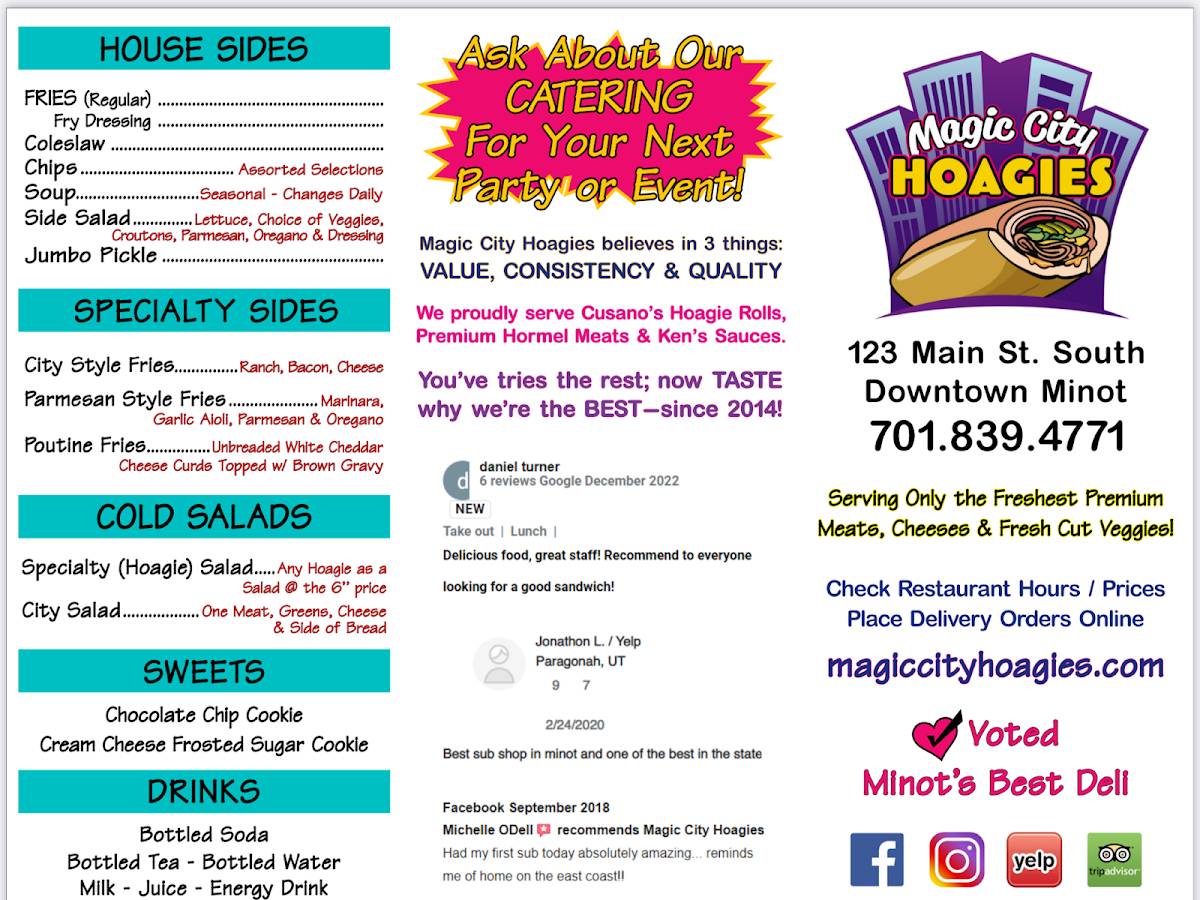 Menu at Magic City Hoagies fast food, Minot