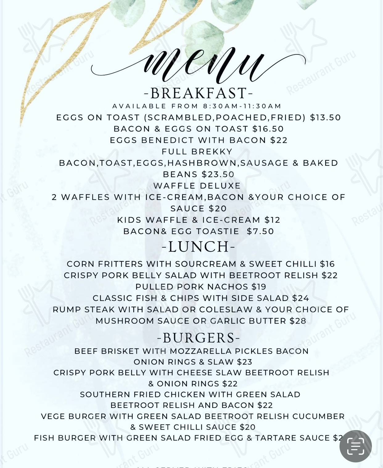Menu at Mamaz Eatz cafe, Maungaturoto