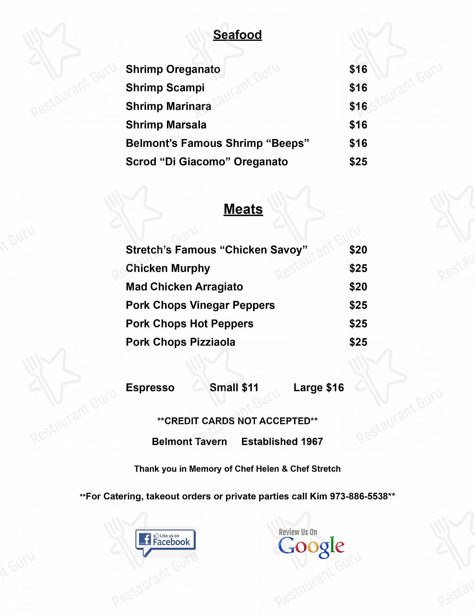 Menu at Belmont Tavern restaurant, Belleville
