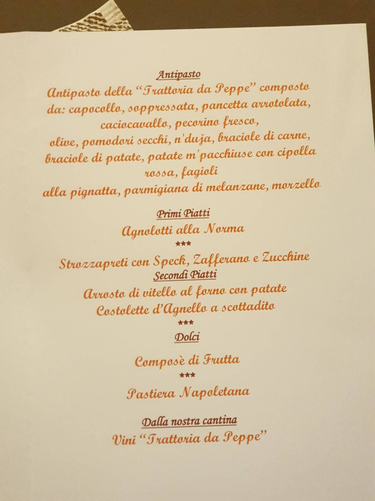 Menu da Trattoria Da Peppe - Borgia ristorante, Borgia