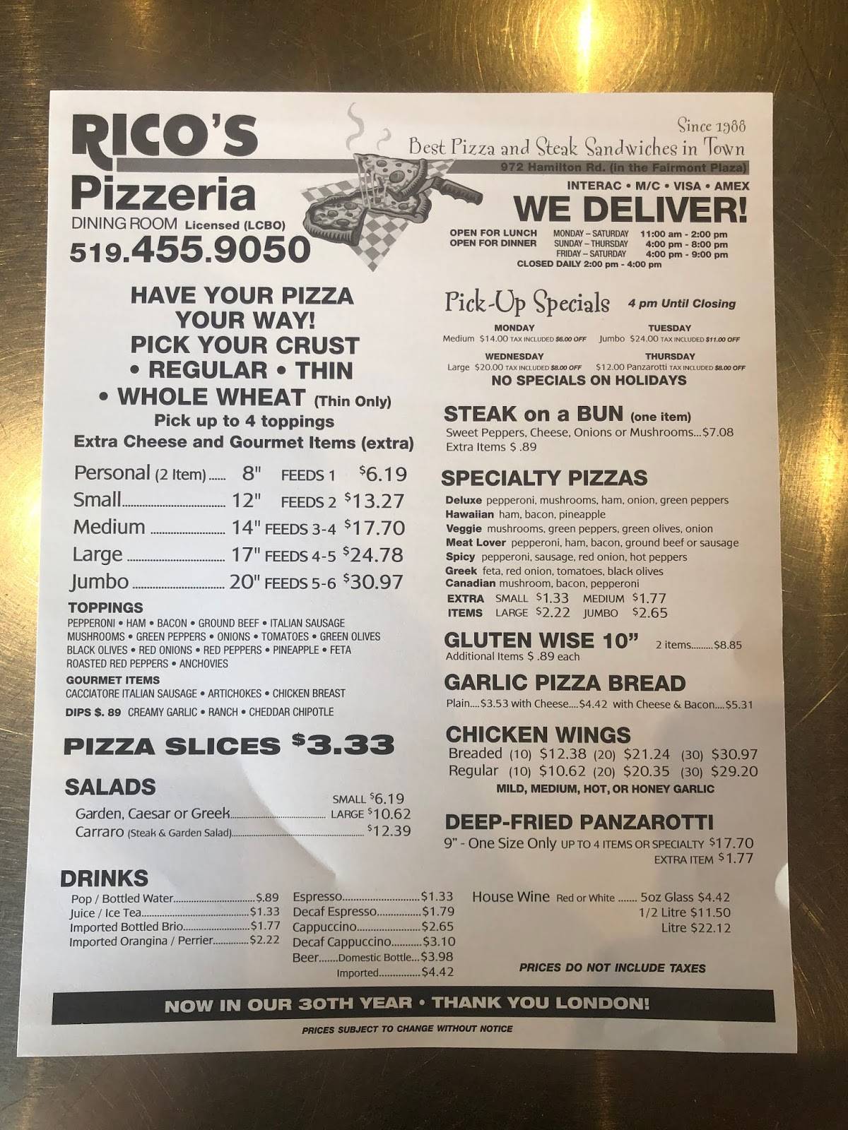 Menu at Rico's Pizzeria, London, 972 Hamilton Rd