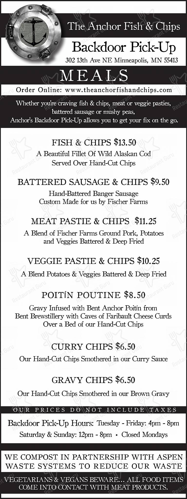 Menu at The Anchor Fish & Chips restaurant, Minneapolis