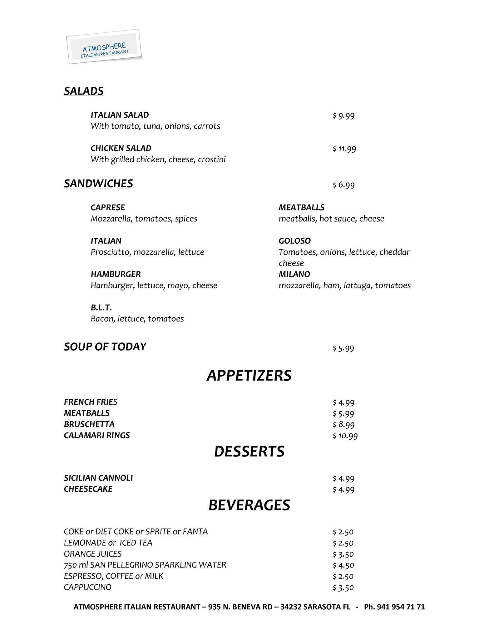 Menu at Atmosphere restaurant, Sarasota