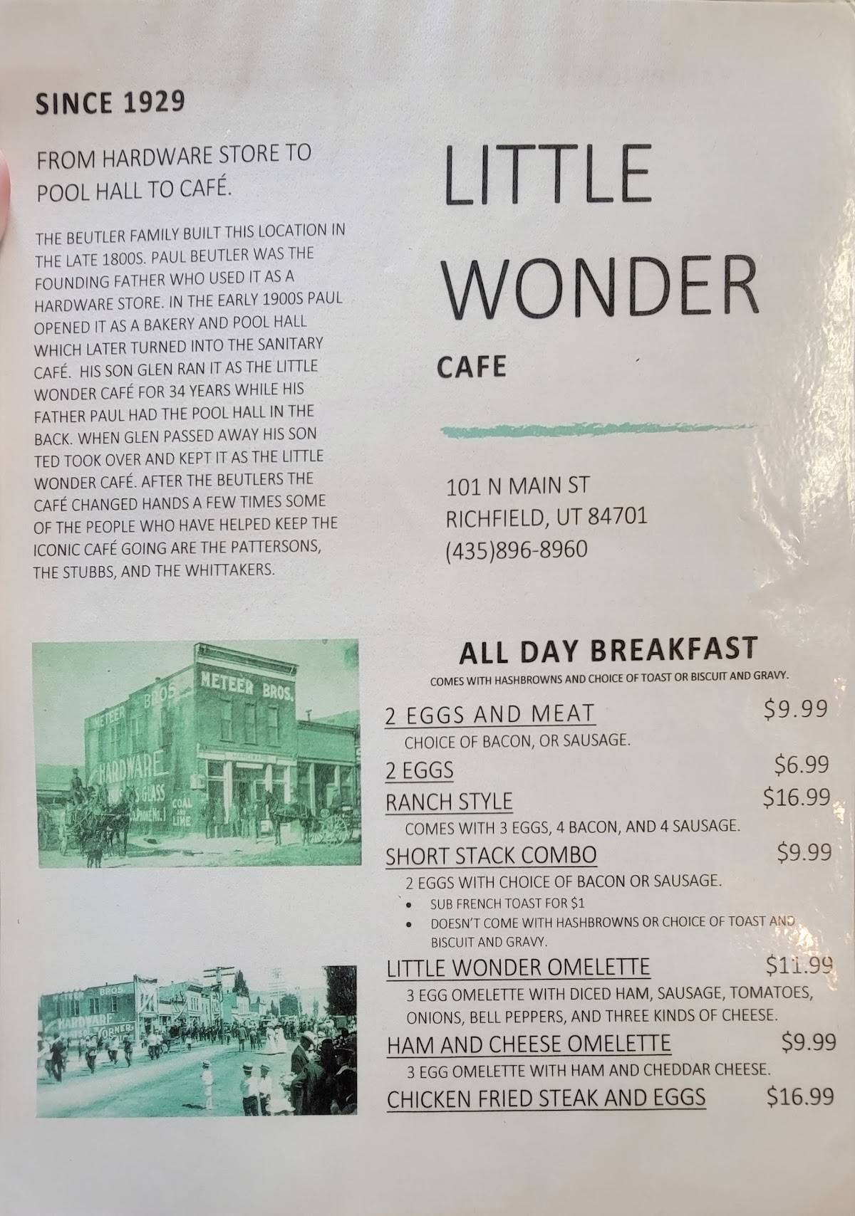 Menu at Little Wonder Cafe, Richfield