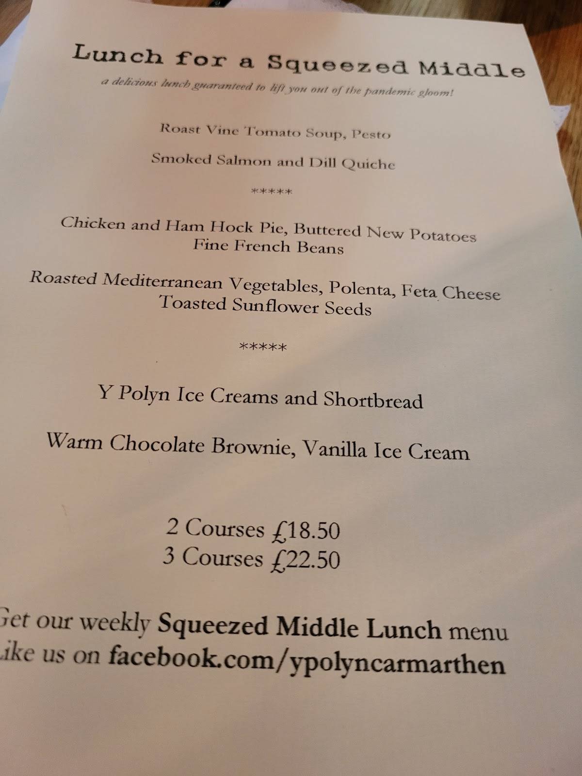Menu at Y Polyn restaurant, Porthyrhyd, Nantgaredig