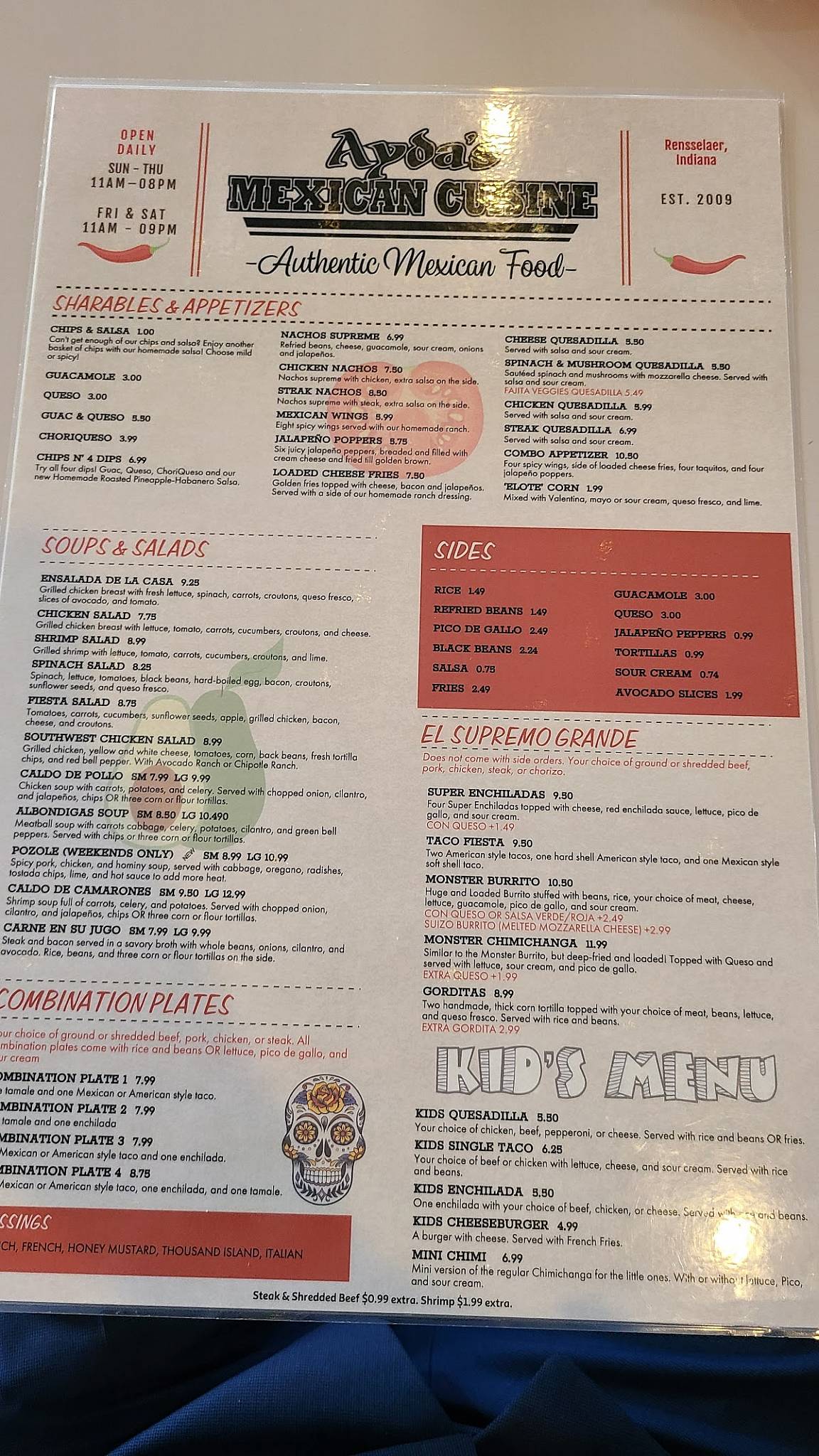 Menu at Ayda's Mexican Cuisine restaurant, Rensselaer, 208 S Van ...