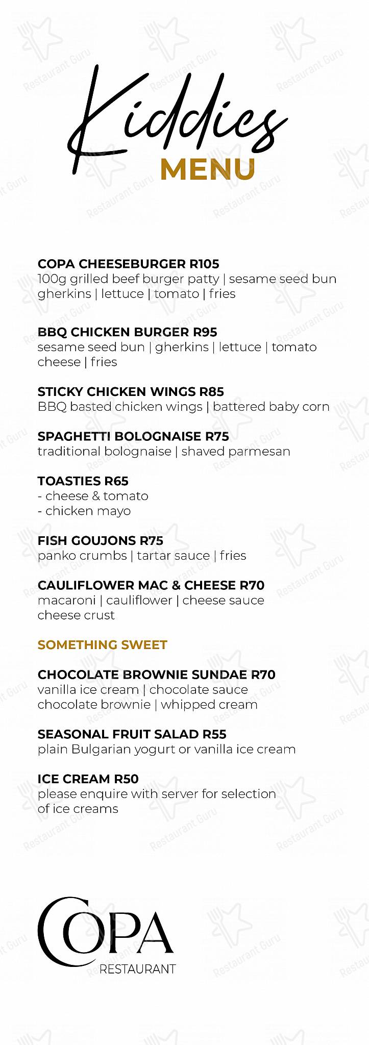 Menu at COPA Restaurant, Cape Town
