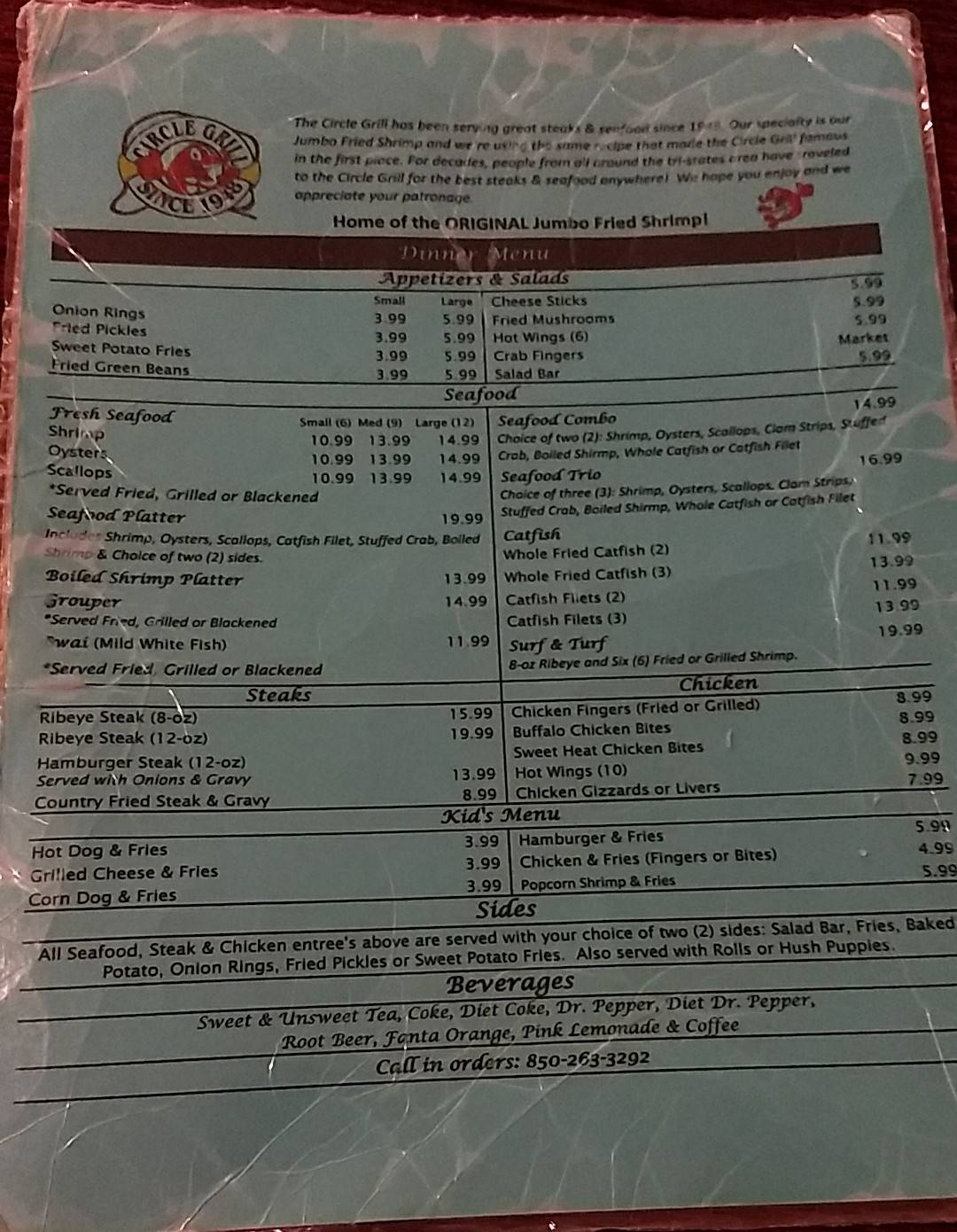 Menu at Circle Grill restaurant, Graceville