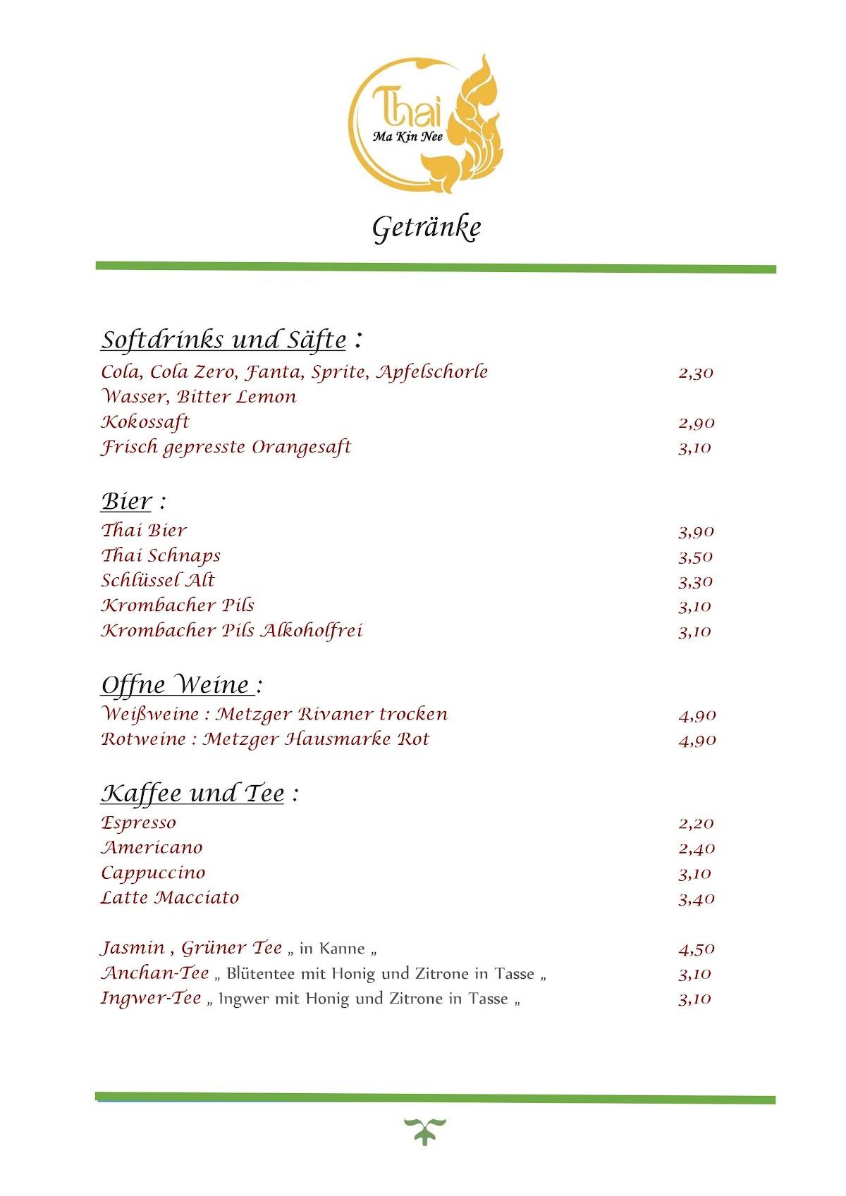 Speisekarte von Ma Kin Nee - Ratingen restaurant, Ratingen