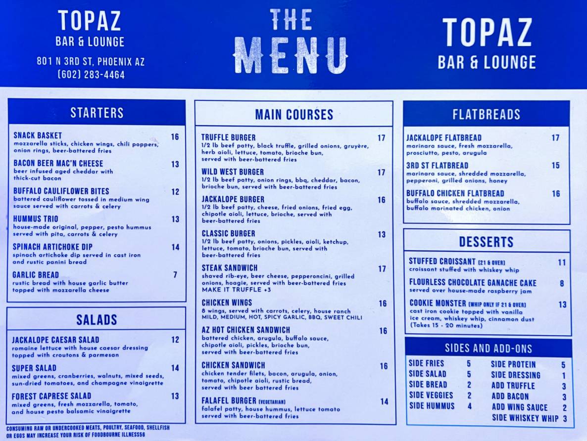 Menu at Topaz Mexican Kitchen and Bar, Phoenix