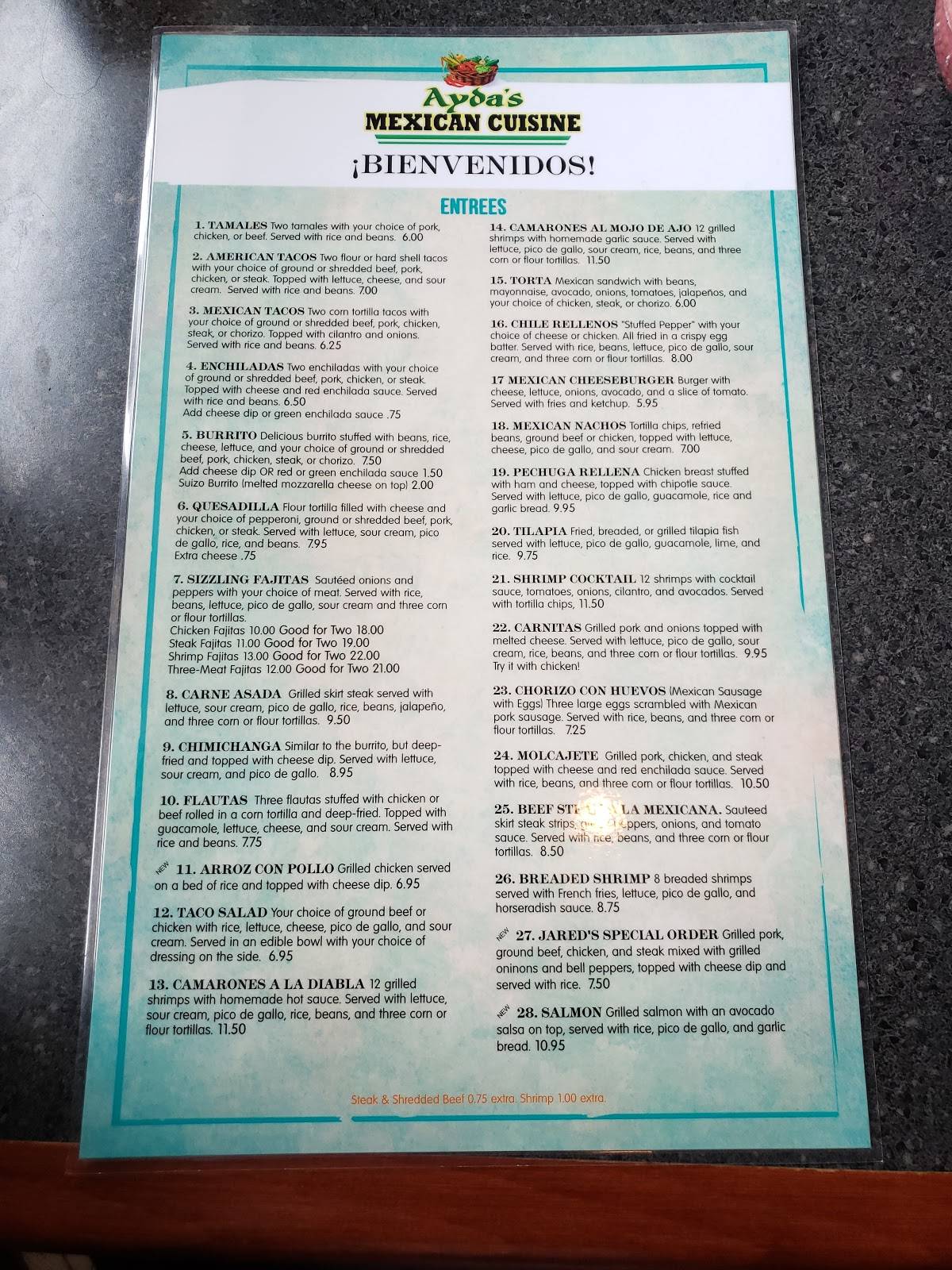 Menu at Ayda's Mexican Cuisine restaurant, Rensselaer, 208 S Van ...