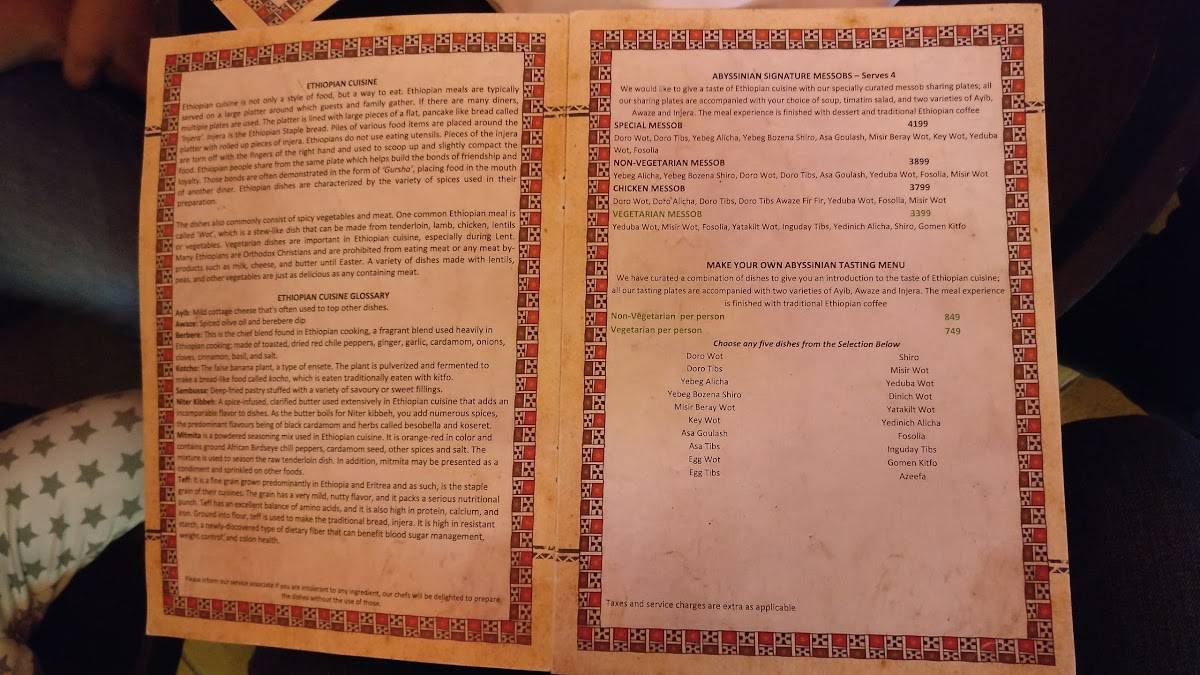 Menu at Abyssinian, Chennai, 40, Maharaja Surya Rao Rd