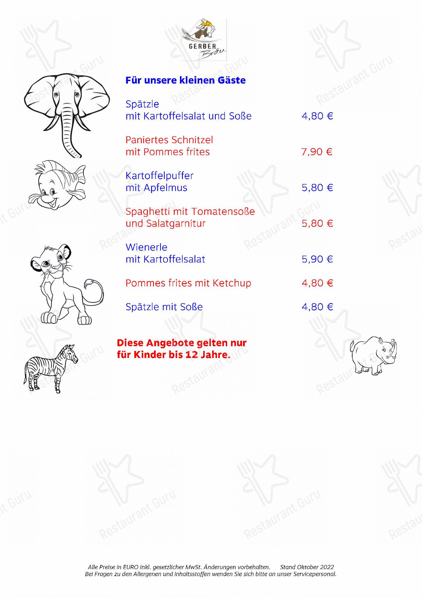 Speisekarte von Gerber's Bootshaus restaurant, Uhingen
