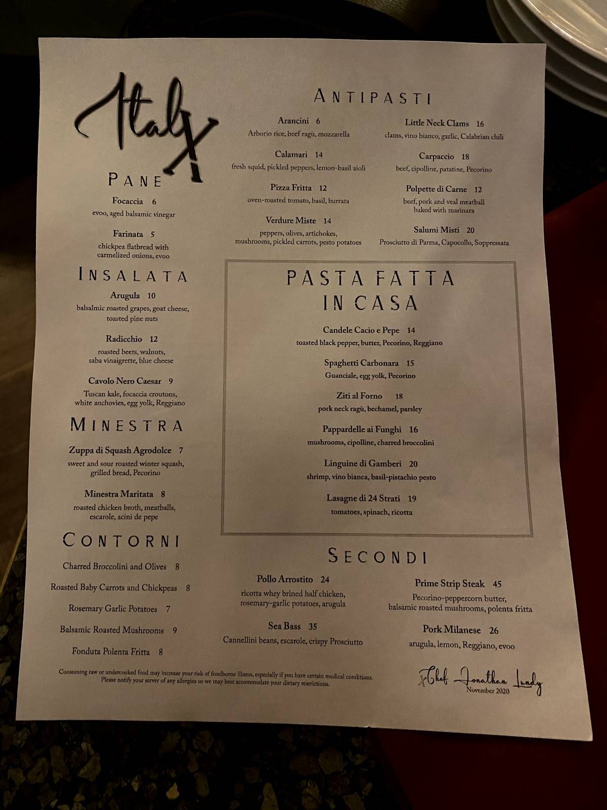 Menu at ItalX restaurant, Lexington