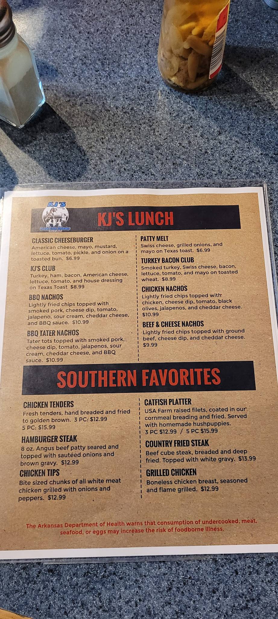 Menu at KJ's Restaurant, Judsonia