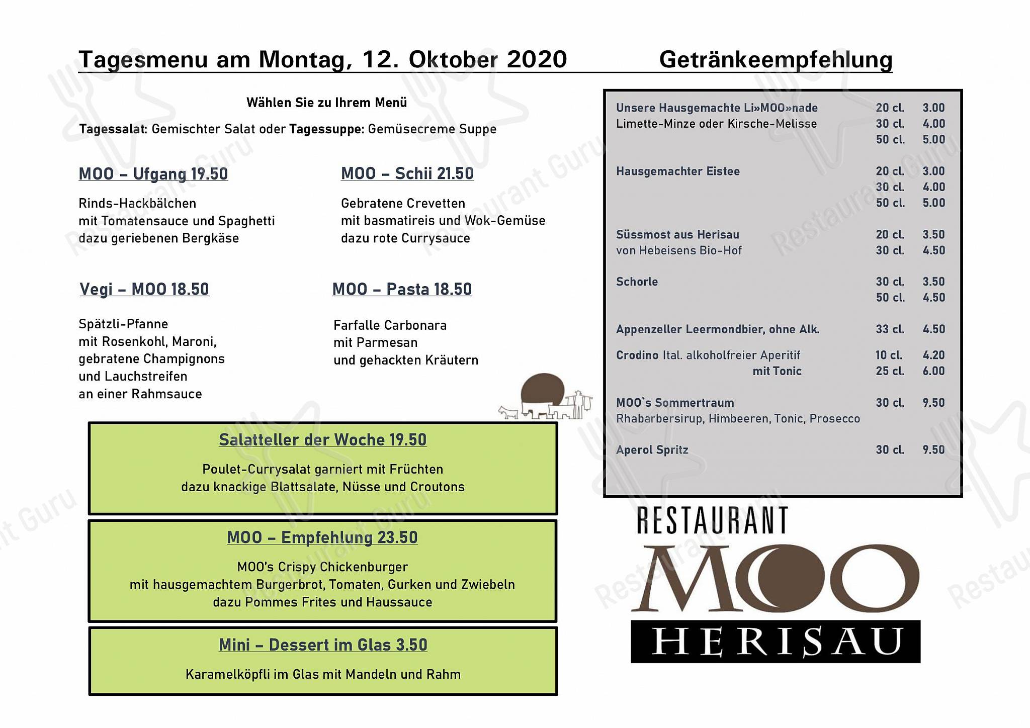 Speisekarte von Restaurant MOO, Herisau