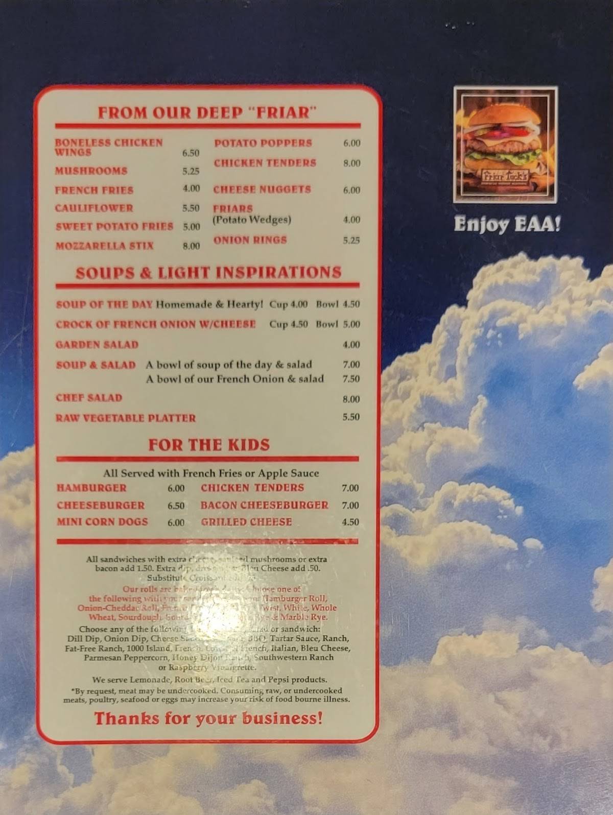 Menu at Friar Tuck's restaurant, Oshkosh