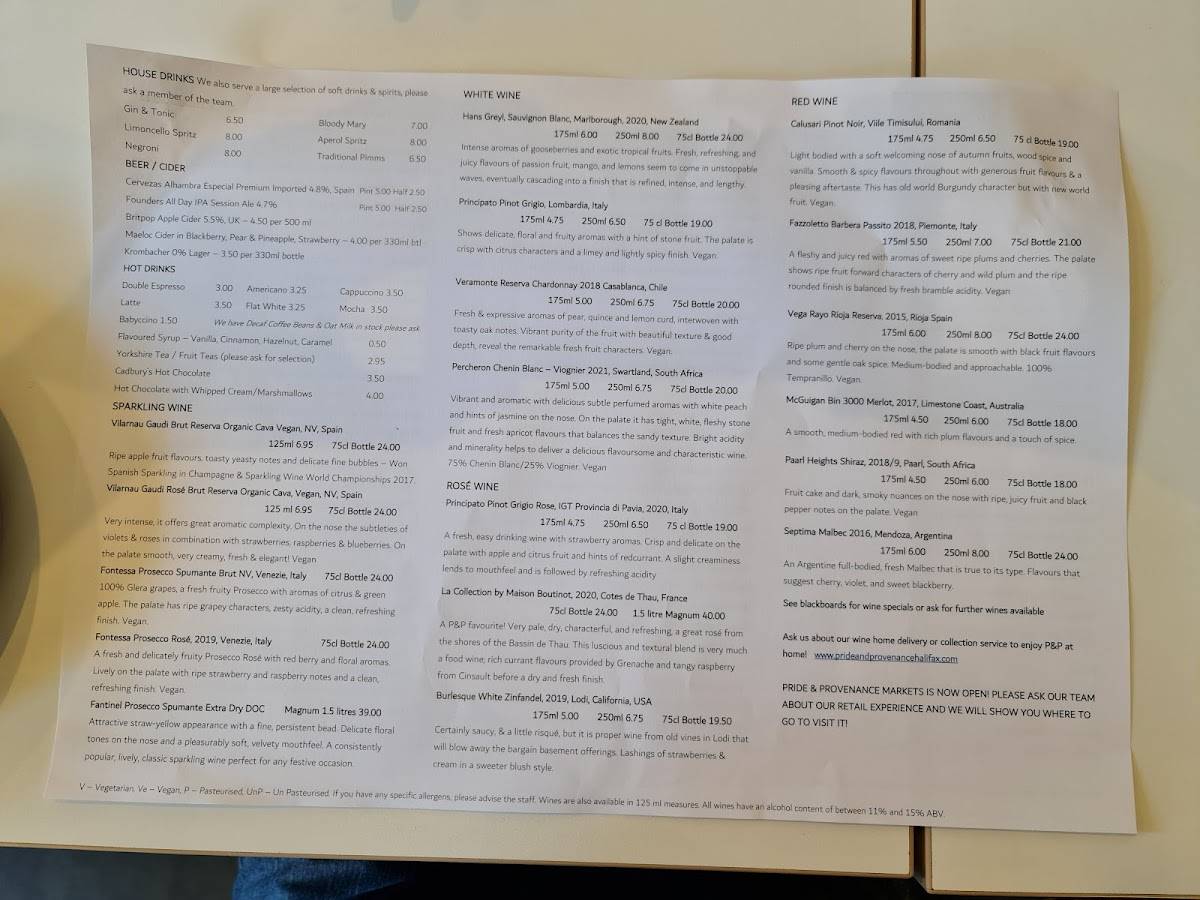 Menu at PRIDE & PROVENANCE restaurant, Halifax